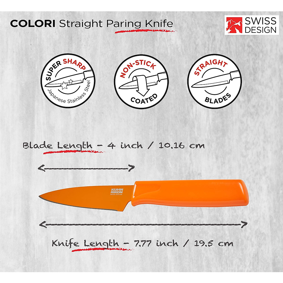 Kuhn Rikon Colori Non-Stick Straight Paring Knife with Safety Sheath, 4 inch/10.16 cm Blade, Tangerine