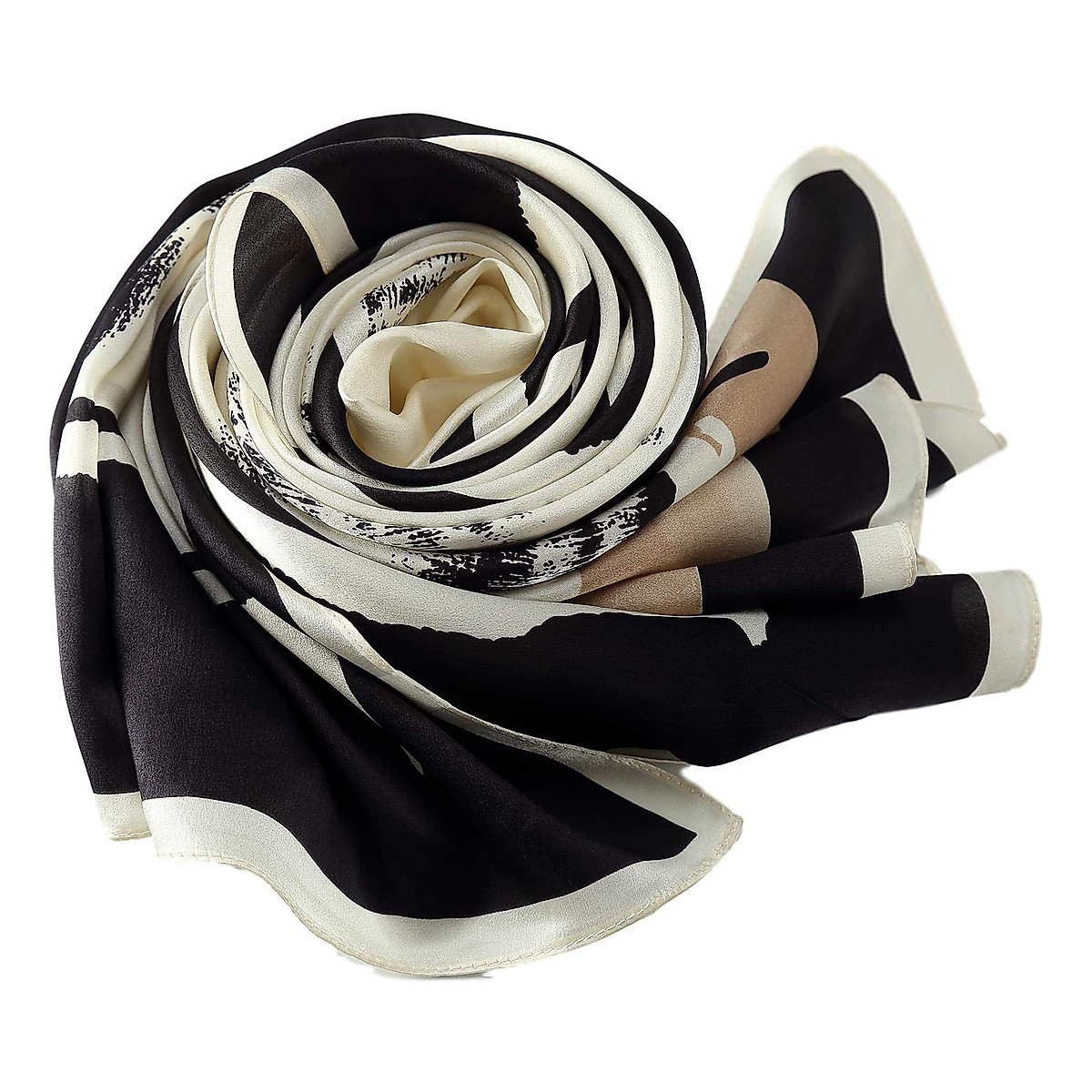 YangtzeStore Long Charmeuse Silk Scarf Floral and Graphic Print (Black White Abstract)