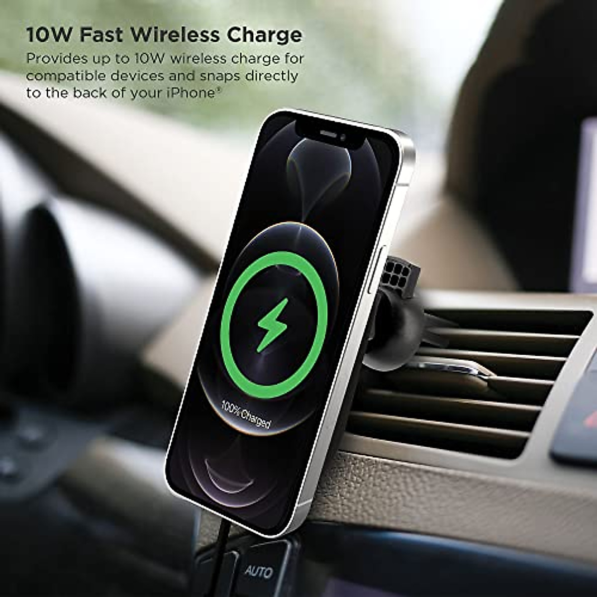 iHome Magnetic Wireless Charging Air Vent Car Mount, 10W, for iPhone 12/13, Compatible with MagSafe Cases (Black)