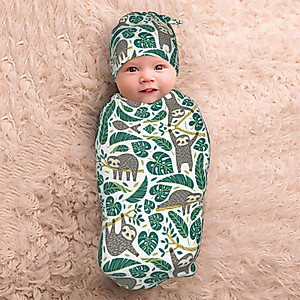 Cute Sloth Baby Stuff New Born Baby Swaddle Blanket Soft and Stretchy Wrap Baby Swaddle Sack for Infant Boy Girl Gifts with Beanie Hat Sets