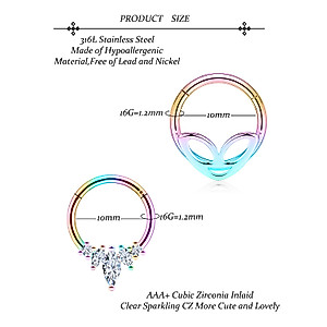 Vsnnsns 16G Septum Rings Piercing Jewelry Skull Septum Jewelry CZ Clicker Ring Stainless Steel Septum Hinged Segment Nose Rings Hoop Piercing Jewelry for Men Women 10mm Rainbow 9pcs