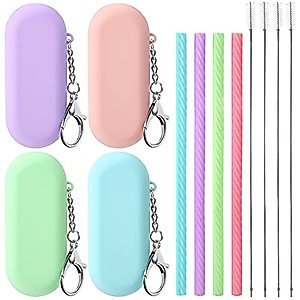 4 Set Silicone Straws with Case Reusable Straws Silicone Foldable Portable Drinking Straw Set for Party Travel Cold or Hot Straw with 4 Carry Case, 4 Cleaning Brushes 7 5/7 Inch Long (Classic Color)