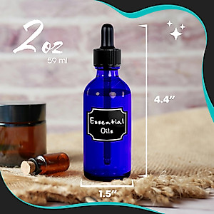 Nevlers 48 Pack Blue Glass Dropper Bottles 2 oz | Cobalt Tincture Bottles with Droppers for Oils | Includes Blue Glass Bottle with Dropper, Funnel, Brush, & Marker | Leakproof Mini Dropper Bottles