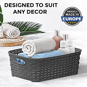 European Made Plastic Storage Bins, Heaviest Duty, Household Organizers for Bathrooms, Bedrooms, Kitchens, Laundry Room, Cabinets, Shelves, 4 Pk, Dark Grey