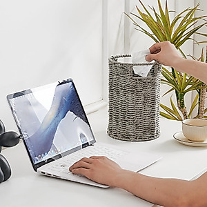 LGENHOOM Small Trash Basket with Built in Handles Rectangular Wicker Waste Basket 2.5 Gallon Boho Woven Trash Can for Bedroom/Living Room/Kitchen/Coffee Table (1 Pack,Seagrass)