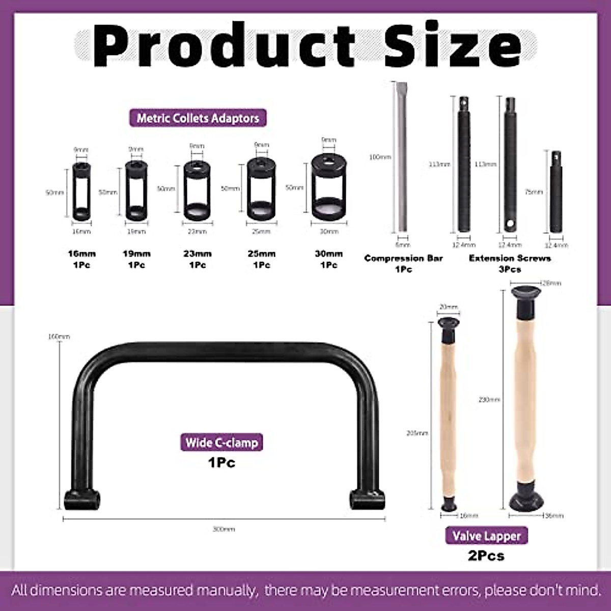 Swpeet 13Pcs Black Valve Spring Compressor Tools Assortment Kit, Including 5Pcs Pusher Adaptors,Extension Screws,Valve Lapper Set and Compression Bar for Motorcycle Car Small Engine Vehicle