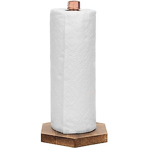 MyGift Industrial Copper Metal Paper Towel Holder with Burnt Wood Base, Countertop Paper Towel Roll Dispenser Stand