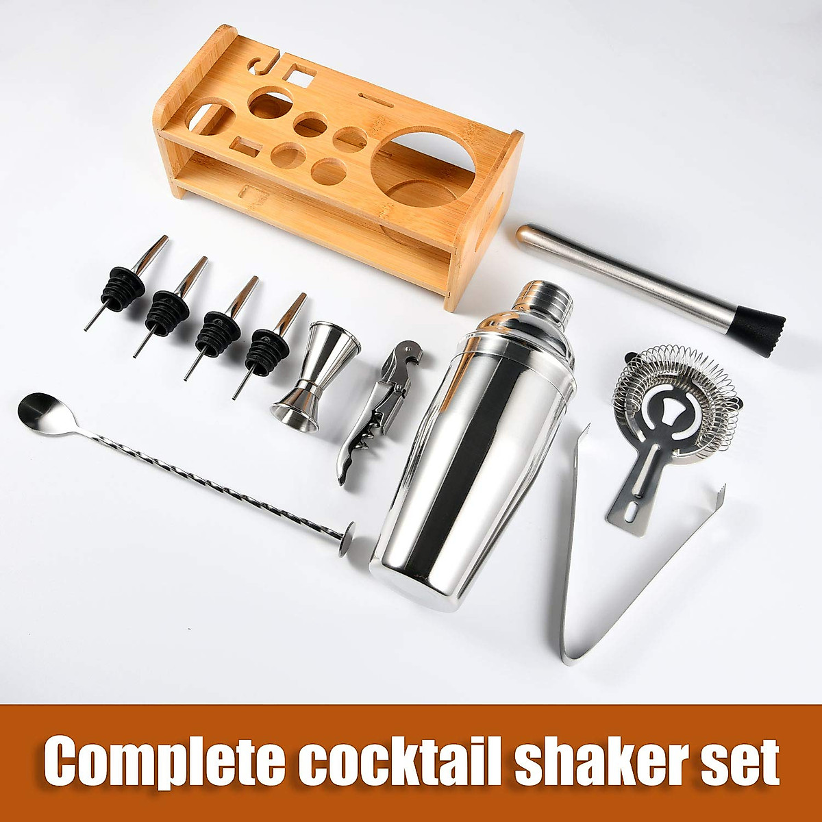 Esmula Bartender Kit with Stylish Bamboo Stand, 12 Piece Cocktail Shaker Set for Mixed Drink, Professional Stainless Steel Bar Tool Set - Cocktail Recipes Booklet(25 oz)