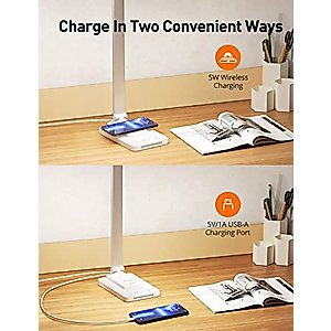 sympa LED Desk Lamp with Wireless Charger, Night Light, Dimmable Table Lamp with USB Charging Port, 5 Brightness & 5 Lighting Modes, 60 min Timer, Memory Function for Home Nail Office Reading