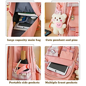 LsdgFriday Kawaii Backpack Set 5Pcs Canvas Plaid School Bag with Cute Pendants Pins Accessories for Teen Girls Aesthetic Backpack Shoulder Tote Bags Daypack for Back To School