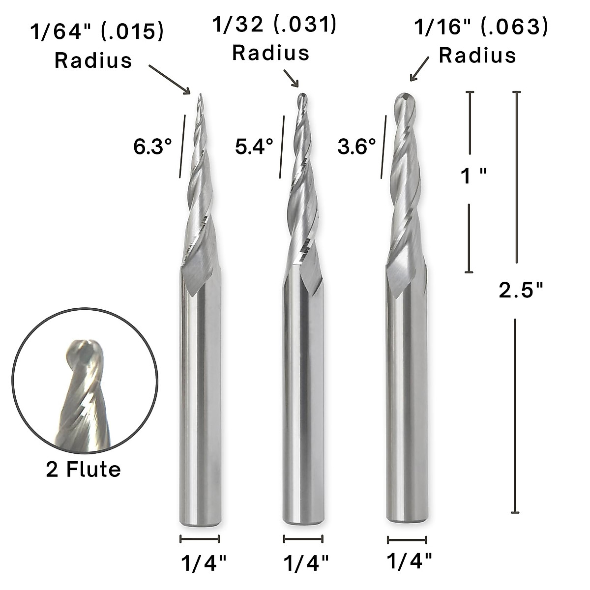 ROUTYBITS - 3 Pcs Tapered Ball Nose Router Bit Set - 1/32”, 1/16”, 1/8” Tip Diameter, 1/4 Inch Dia Shank, Solid Carbide, Spiral End Mills for 3D CNC Carving of Wood, Plastic, Soft Metal