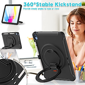 BATYUE Case for iPad (A16) 11th/10th Generation 10.9'' inch 2025/2022, Rugged Protective Shockproof Cover for Kids Girls with Screen Protector, 360° Rotating Stand, Pencil Holder, Black