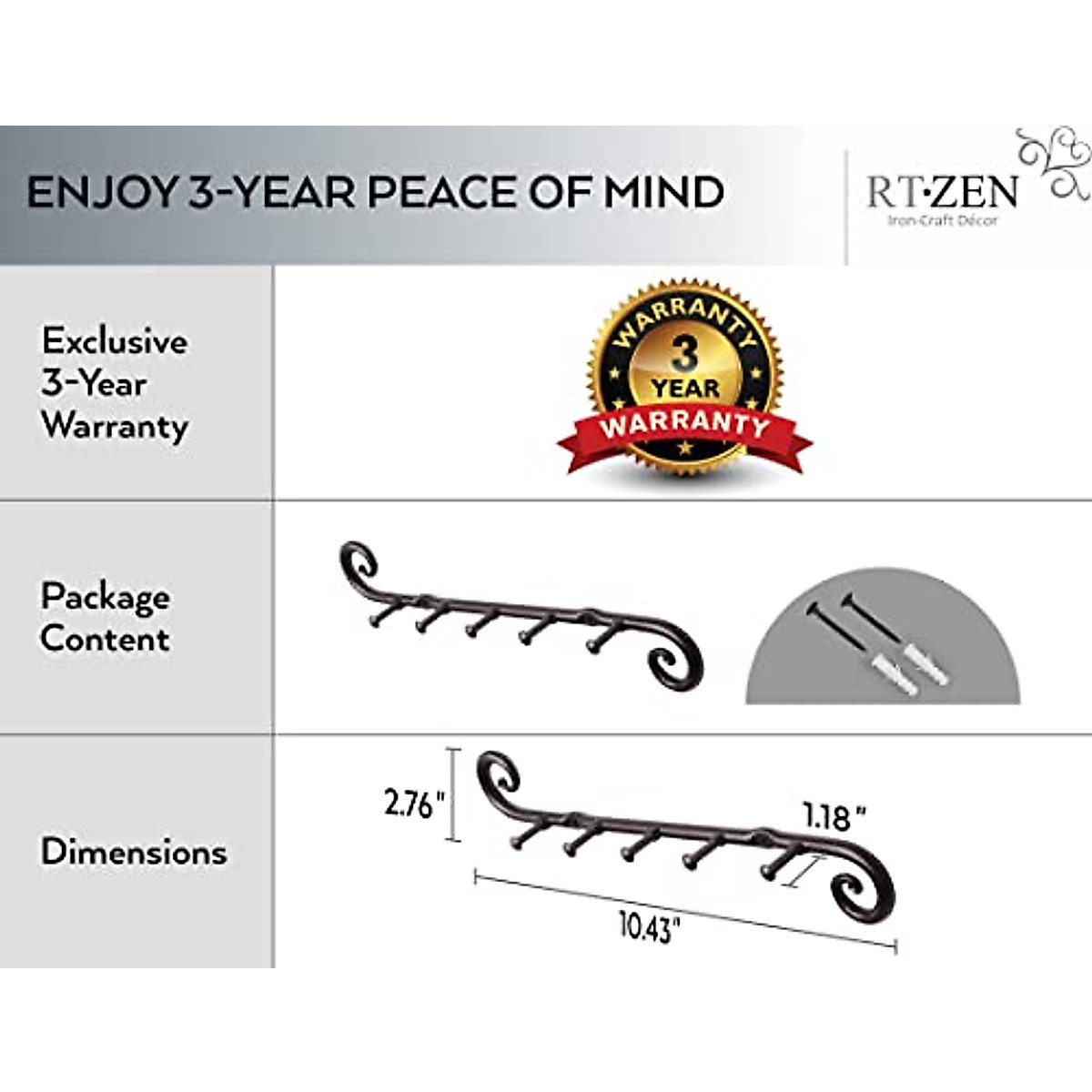 RTZEN Farmhouse Small Key Holder for Wall - Handcrafted Swirl Decorative 5 Key Hooks for Home Entryway - Wrought Iron Black Wall Mount Key Rack Purse Coat and Leash Holder or Organizer (Classic)