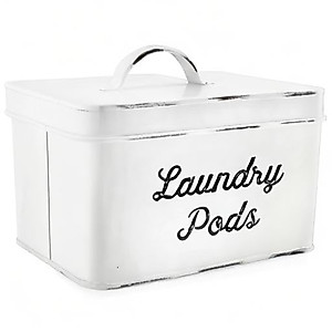 AuldHome Enamelware Laundry Pod Holder; Rustic White Laundry Pod Storage Container