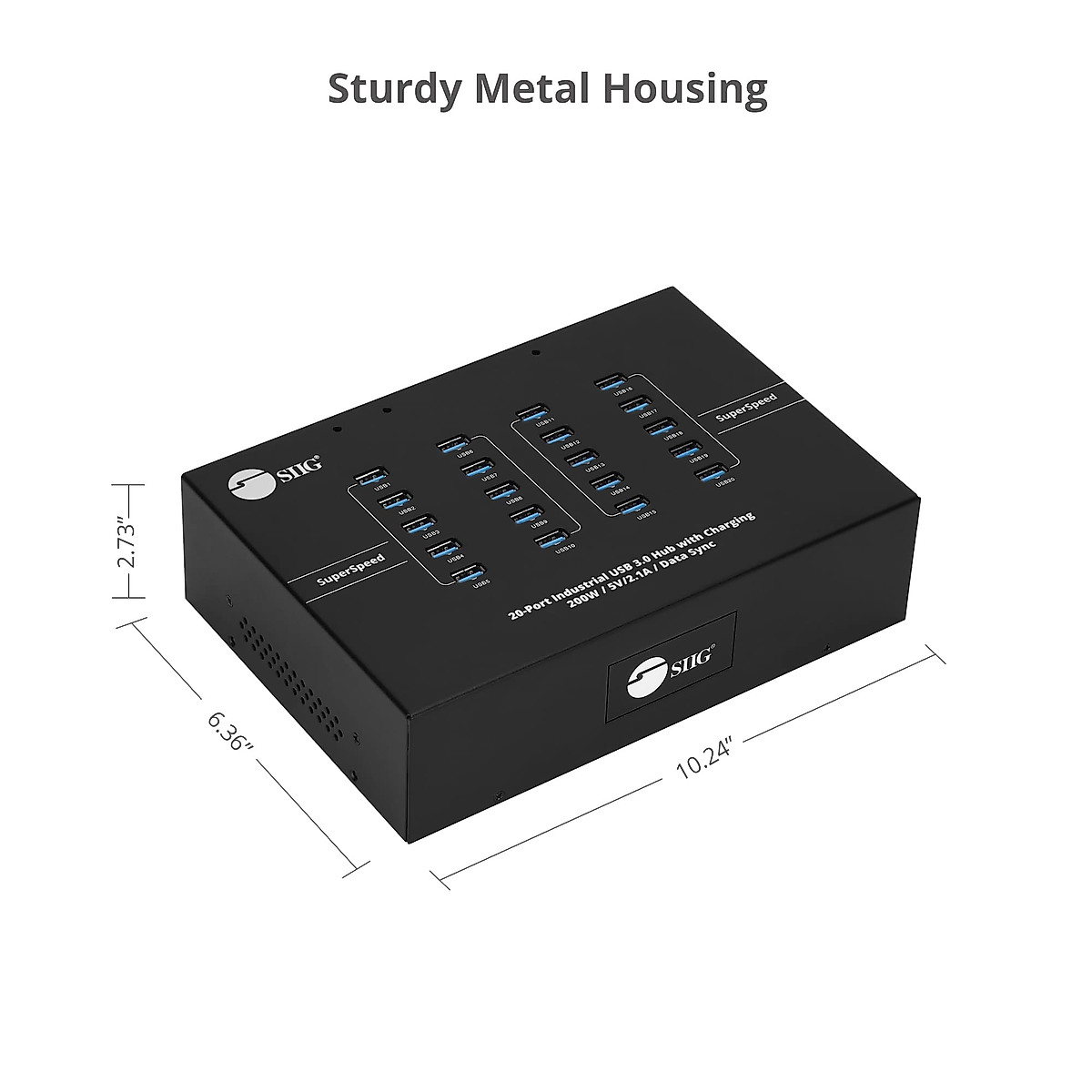 SIIG 20-Port Industrial USB 3.0 Hub with Charging - 200W, 5Gbps with 5V/2.1A per Port, Powered Multiport Hub Expander for Laptop, Tablets, Cellphone, External HDD, Keyboard and Mouse (ID-US0611-S1)