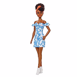 Barbie Fashionistas Doll #185 with Black Up-Do Hair, Bleached Denim Dress, Boots & Headband Accessory