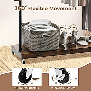Tangkula Clothes Rack on Wheels, Industrial Pipe Style Rolling Garment Rack with Bottom Storage Shelf & 5 Hanging Hooks, Clothes Organizer with Sturdy Metal Frame for Bedroom Laundry Room