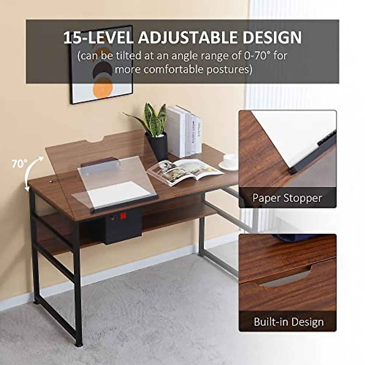 HOMCOM Drafting Table, Adjustable Drawing Desk, Multifunctional Writing Desk with 15-Level Tiltable Tabletop and Storage Shelf for Home Office, Walnut