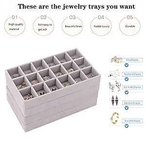 AIRZSNRY Jewelry Organizer for Drawer, Velvet Jewelry Insert Tray, Stackable Jewelry Storage Inserts Stacking Accessories Display for Dresser(Grey,Set of 4)