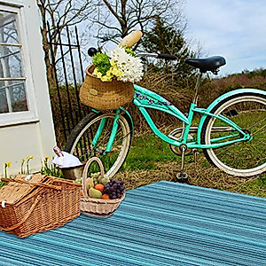 FH Home Outdoor Camping Rug - Waterproof, Fade Resistant, Reversible - Premium Recycled Plastic - Striped - Large Patio, Deck, Sunroom, RV - Havana - Turquoise - 9 x 12 ft Foldable
