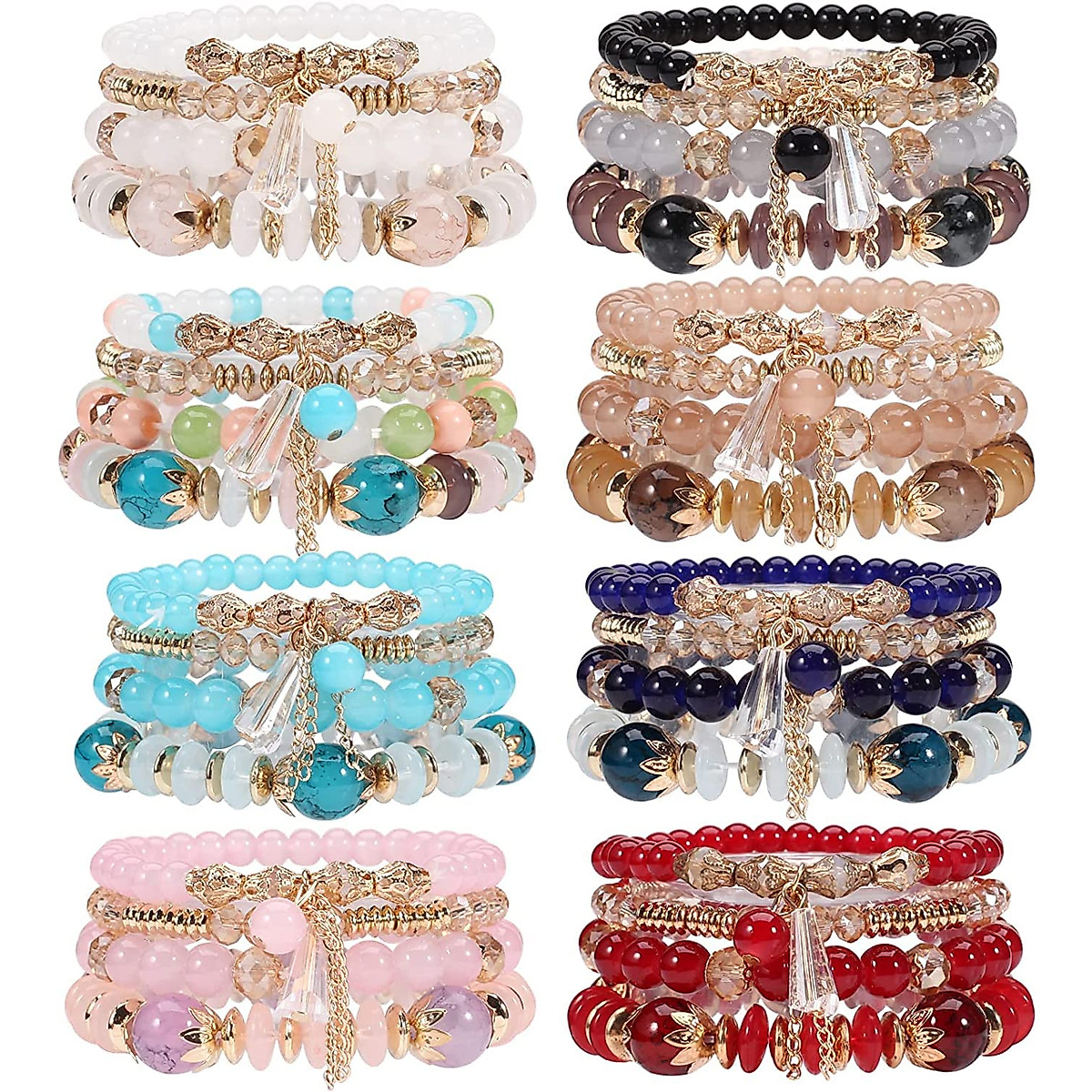 8 Packs Beaded Bracelet Bohe Multilayer Chain Tassel Stackable Charm Stretch Statement Bracelet Set