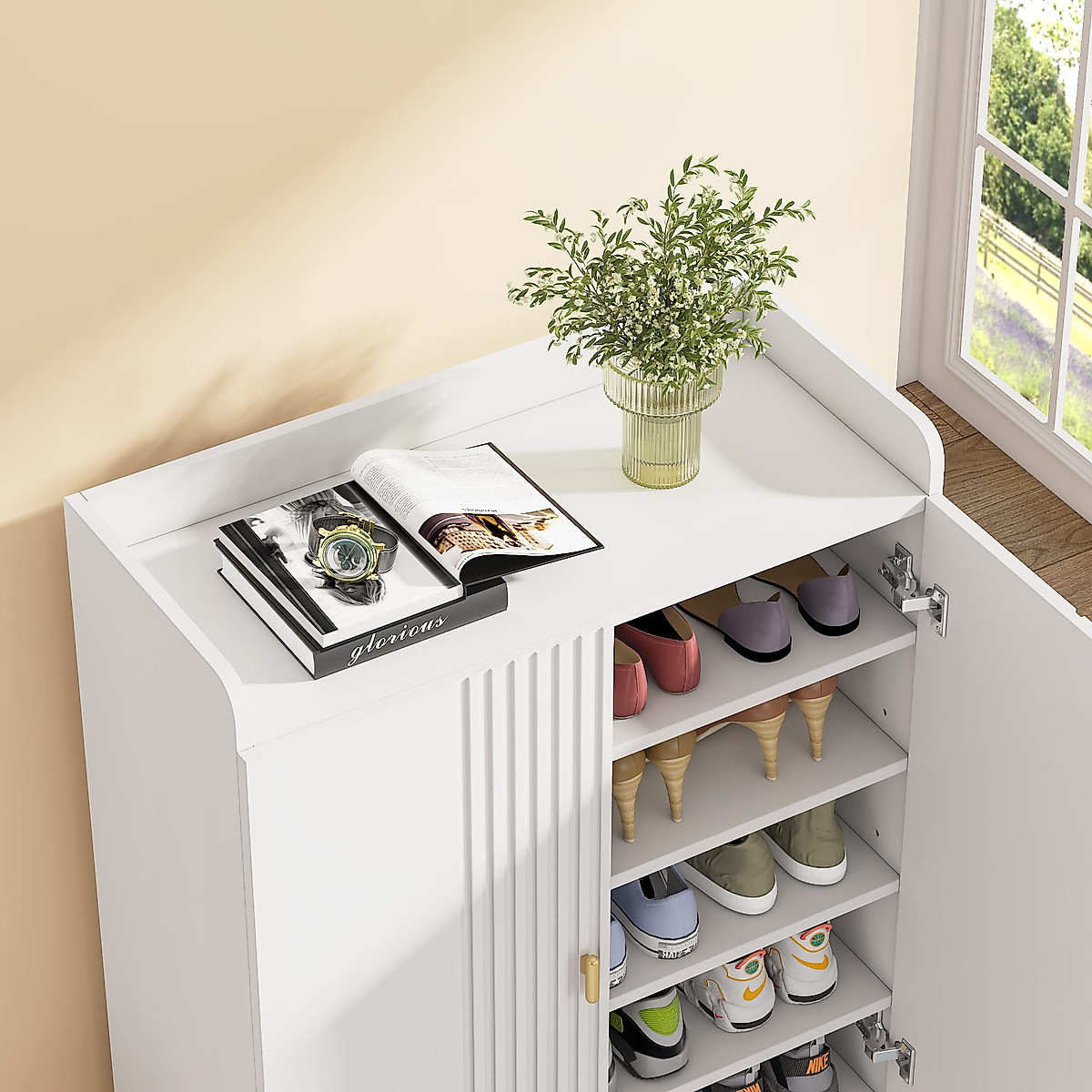 Tribesigns Shoe Cabinet Storage Entryway: Slim 6-Tier Shoe Organizer Cabinet with Adjustable Shelves, Freestanding Wood Shoe Rack with Doors for Entryway, Hallway, Living Room - White