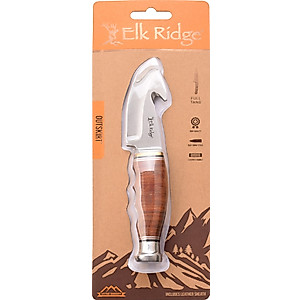 Elk Ridge - Outdoors OUTSKIRT Fixed Blade Knife - 8.25-in Overall, Satin Finish Stainless Steel Gut Hook Blade, Stacked Leather Handle, Includes Leather Sheath, Hunting, Camping, EDC - ER-200-29LBR