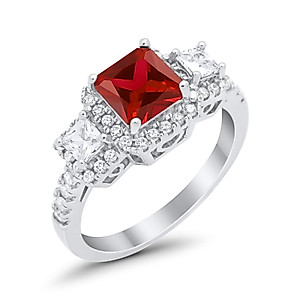 Blue Apple Co. Three Stone Princess Cut Wedding Engagement Promise Ring Simulated Garnet Cubic Zirconia 925 Sterling Silver Size-7