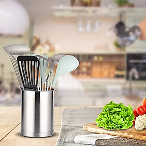 STANFORD Stainless Steel Utensil Holder, 5inch Wide 6.6inch Tall Metal Utensil Holder with Heavy Base, Stable Utensil Crock for Countertop, Silver