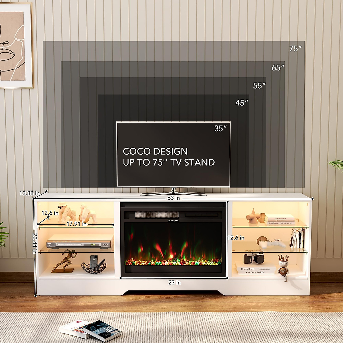 COCO DESIGN Fireplace TV Stand with 23" Fireplace, Electric Fireplace TV Console for TVs up to 75", LED Lights Wood and Glass Entertainment Center & Remote Control, White