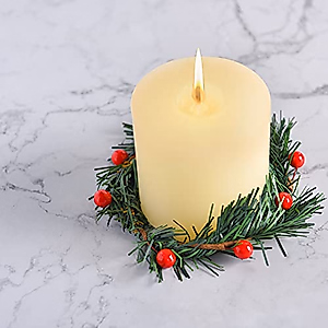 Artflower 12 Pcs Christmas Candle Rings Wreath Mini Christmas Wreath with Red Artificial Berry Christmas Pine Wreath Candle Holder Rings for Christmas Holiday Table Decorations (3 inch)