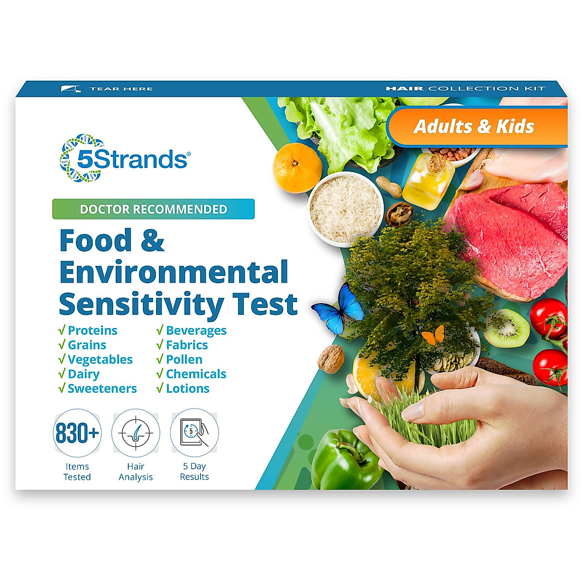 5Strands Food & Environmental Sensitivity Test for Adults & Children, 855 Items Tested, Kids Intolerance Testing Kit, at-Home Hair Analysis, Results in 5 Days