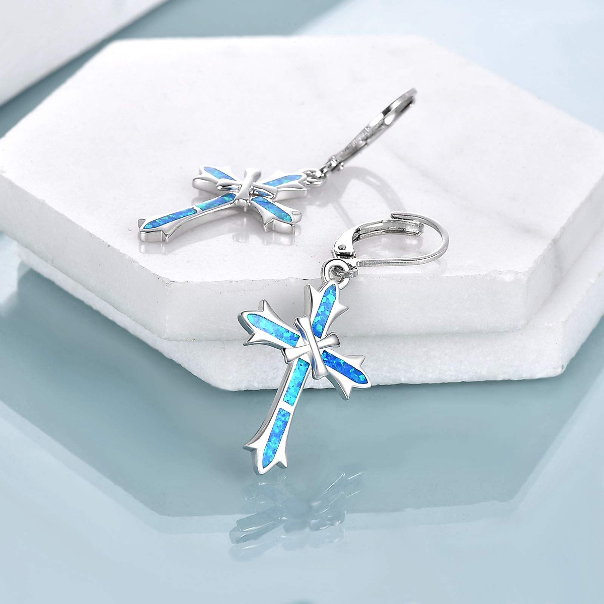 ONEFINITY Opal Cross Earrings Sterling Silver Cross Dangle Drop Earring Cross Leverback Earrings for Women