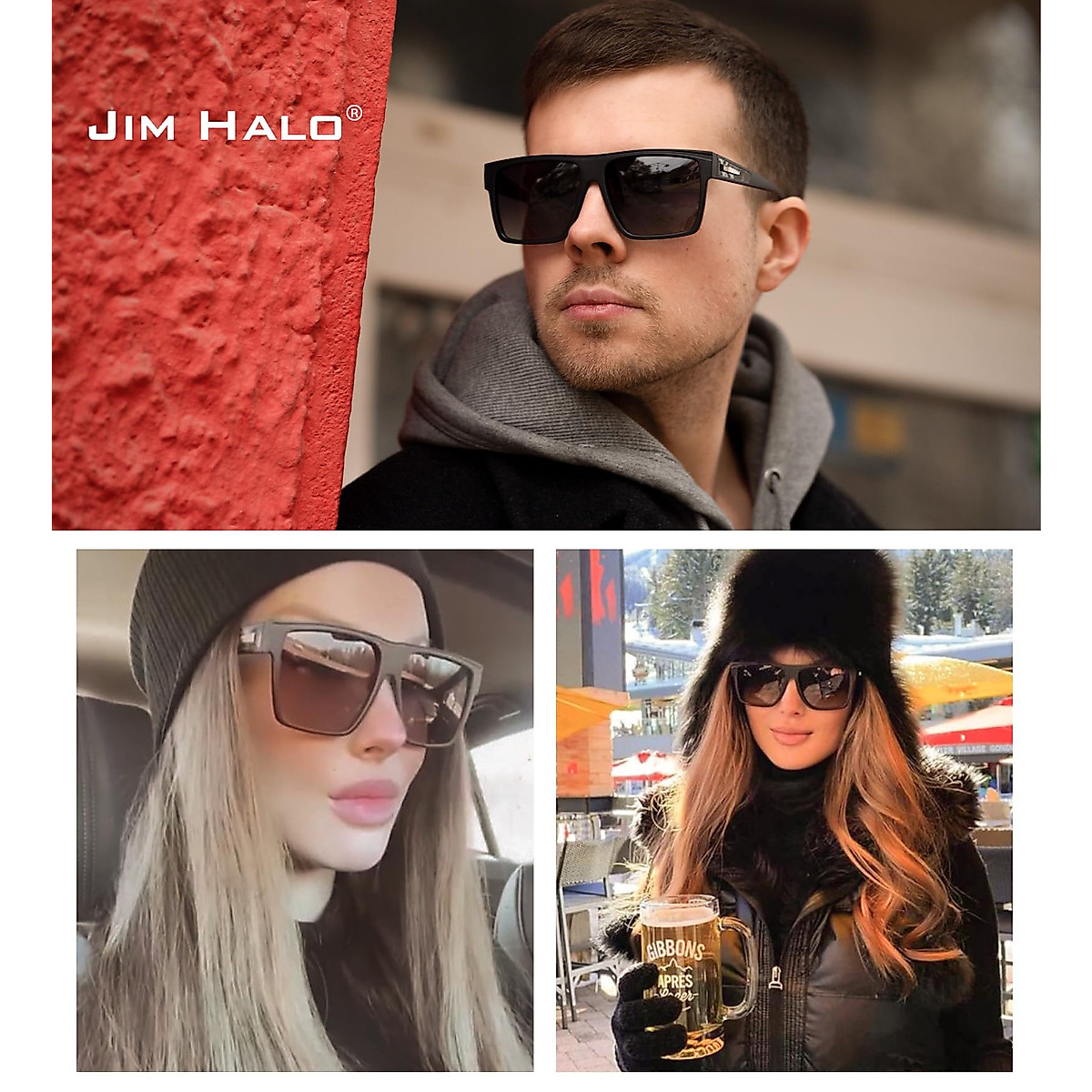 JIM HALO Retro Polarized Sunglasses Men Women Flat Top Square UV400 Glasses for Driving Fishing Hiking Golfing (Black Frame/Polarized Gradient Grey Lens)
