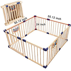 Baby Playpen,Wood Playpen for Babies & Toddlers,Baby Playard Indoor & Outdoor,Kids Activity Center with Anti-Slip Base,Safty Play Space Activity Center with Door Gate,Wood Kid's Fence