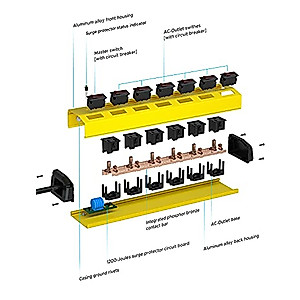 CRST 6-Outlet Heavy Duty Metal Power Strip with Individual Switches and Flat Plug, 15AMP/1875W Surge Protector (1200 Joules), 6-Feet 14AWG Cord with Hook and Loop Fastener