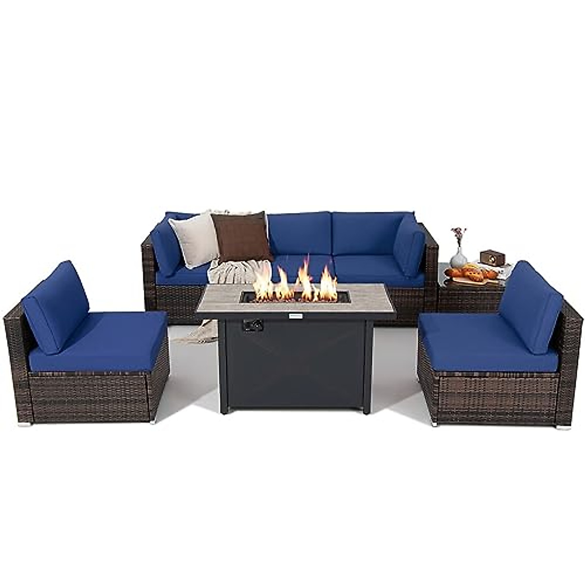 SDGH 7PCS Patio Rattan Furniture Set Fire Pit Table Cover Cushion Navy