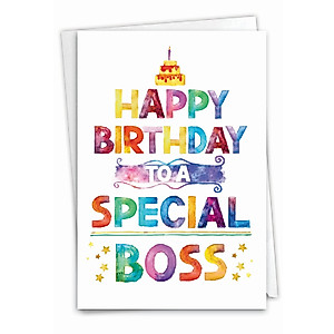 NobleWorks - Funny Happy Birthday to Best Boss Note Card with Envelope (4.63 x 6.75 Inch) - Watercolor Bday Greeting Card for Women and Men - Bday Celebration Notecard - Special Boss C9582BDG