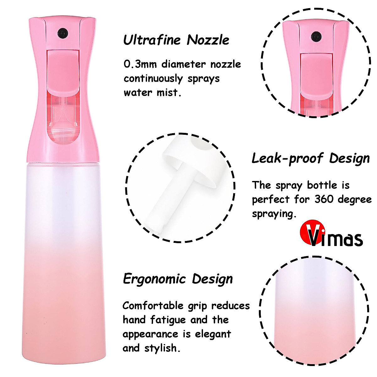 Vimas Continuous Spray Bottles, Refillable Water Spray Bottles for Cooking, Cleaning, Hairstyling, Skin Care & Plant 10 oz/300ml (Pink)