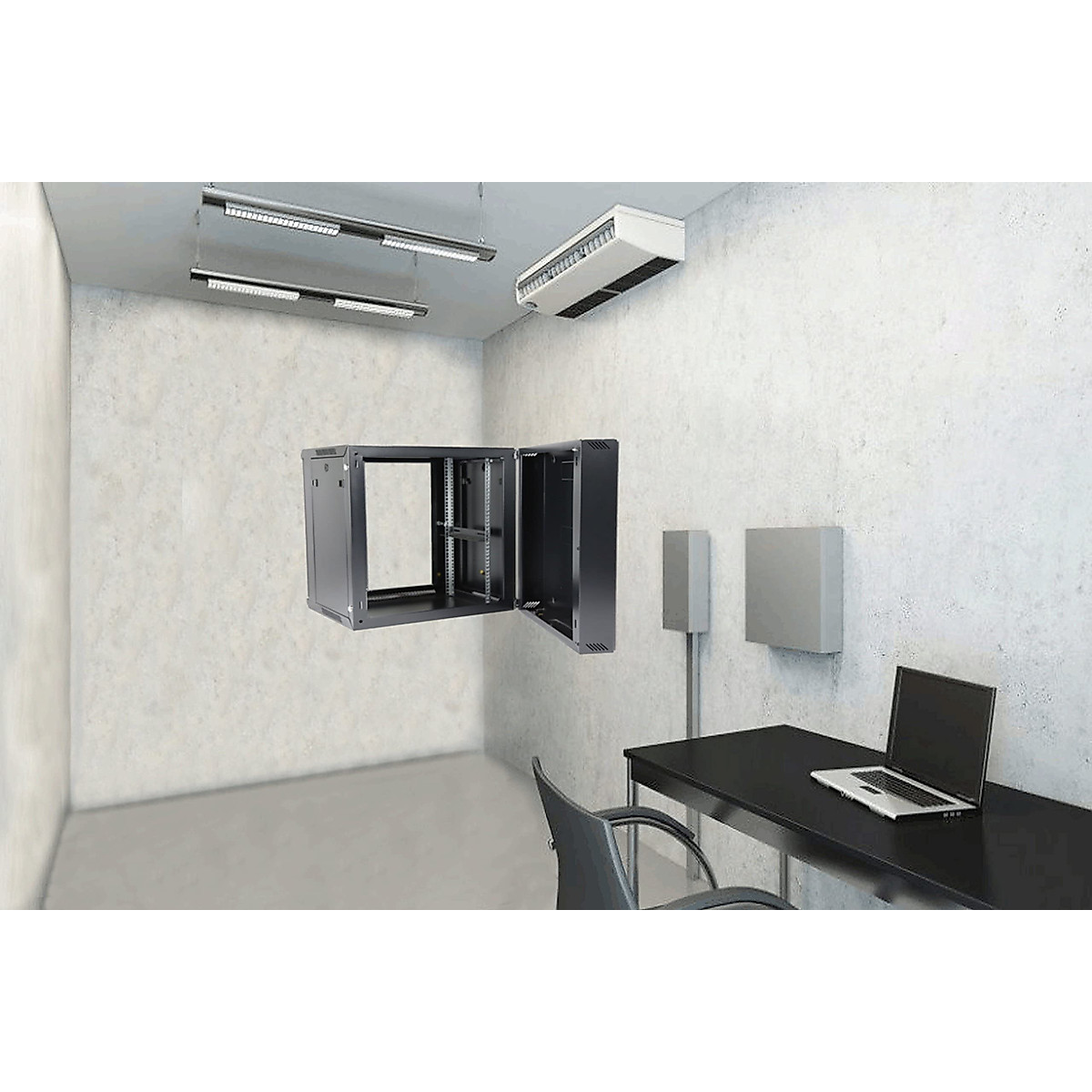 AEONS 9U Professional Wall Mount Server Cabinet Enclosure Double Section Hinged Swing Out 19-Inch Server Network Rack with Locking Glass Door Black (Fully Assembled)