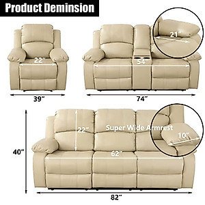 SIENWIEY Beige Leather Reclining Sofa Set for Living Room Set,Recliner Sofa and Loveseat Set/Recliner Sofa with Drop Down Table/Double Recliner Loveseat with Storage Console/Faux Leather