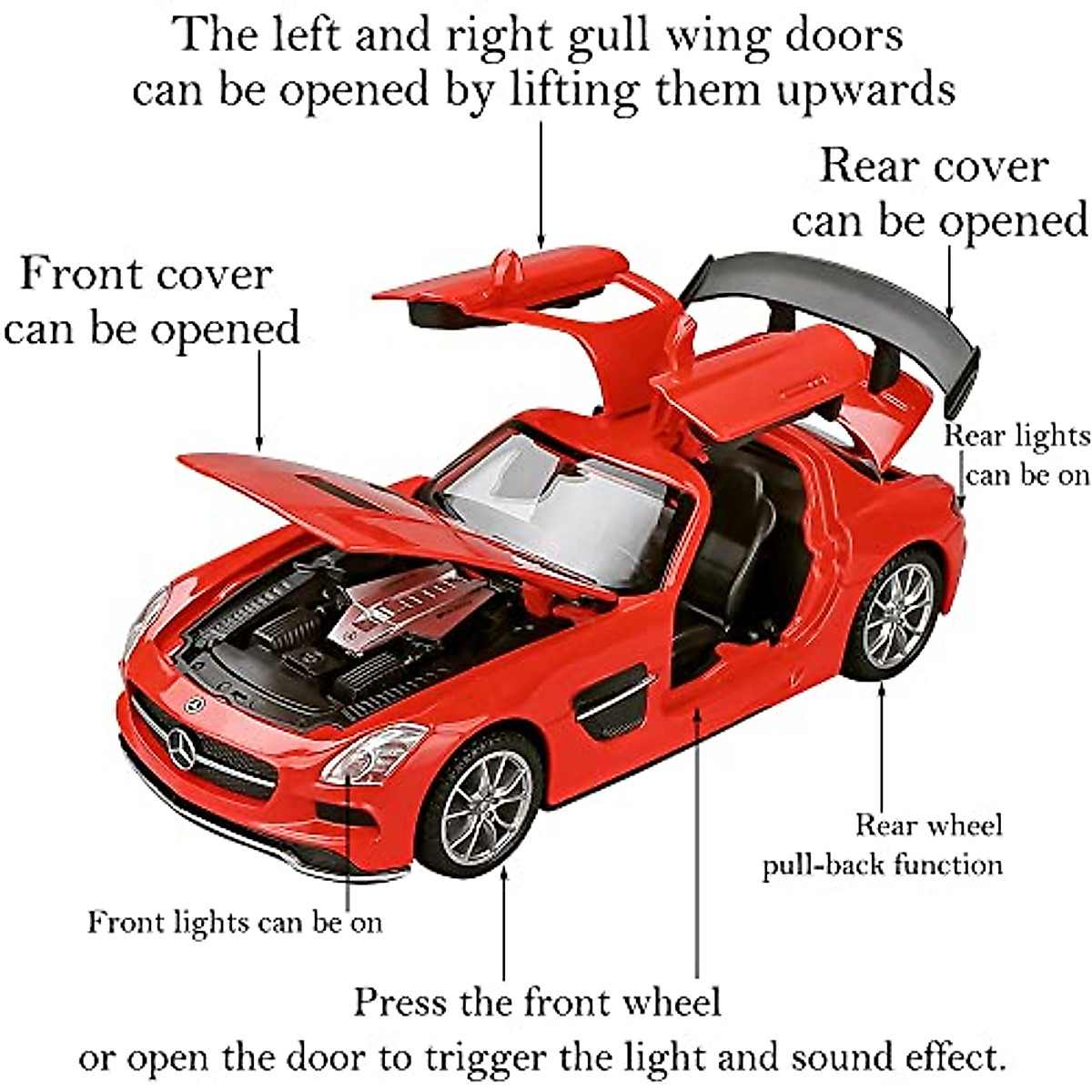iLooboo Alloy Collectible Red Benz SLS AMG Toy Vehicle Pull Back Die-Cast Car Model with Lights and Sound