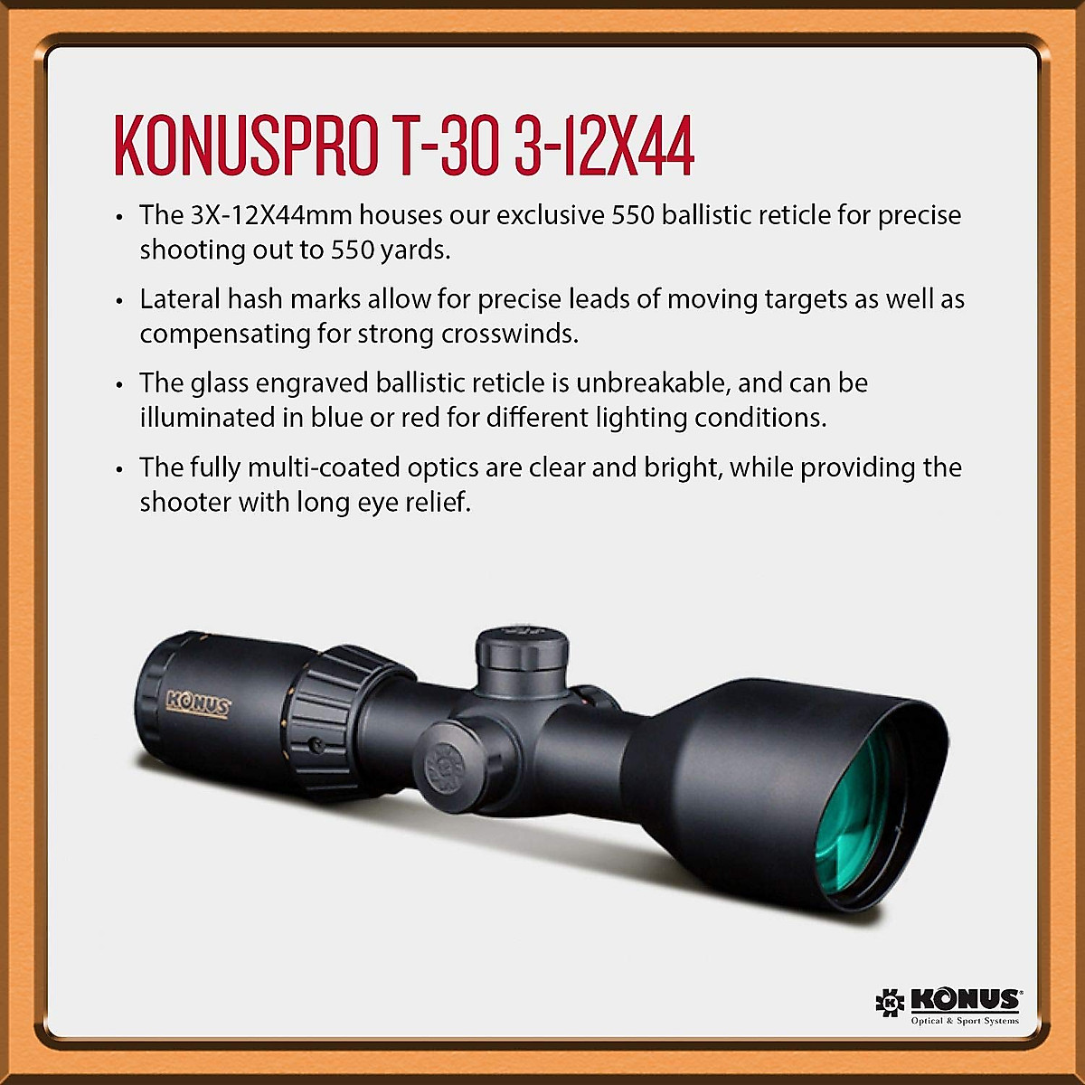 Konus 7291 3-12x44 riflescope D.30mm w/Ill. 550-ballistic Reticle