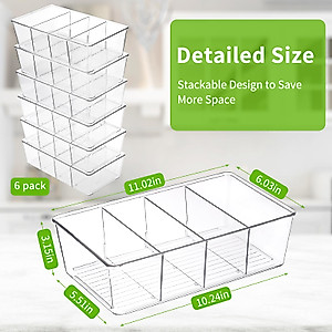 Moretoes 6 Pack Clear Plastic Storage Bins with Dividers, Food Storage Organizer Bins for Pantry Kitchen Fridge Cabinet Organization, 4 Compartment Holder for Organize Packets Spices Pouches Snacks