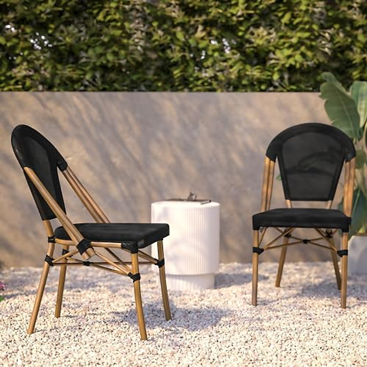 Flash Furniture Marseille 2 Pack Indoor/Outdoor Commercial Bistro Stack Chairs - Black Textilene Back and Seat - Natural Bamboo Print Aluminum Frame