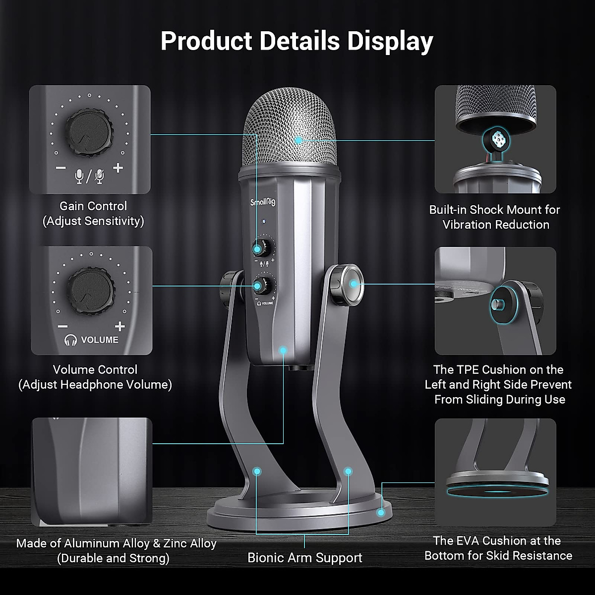 SMALLRIG U50 All Metal USB Microphone with Cardioid Pickup, Streaming Gaming Microphone for PC, PS5 & Mac, Shock Mount & Adjustable Stand, Condenser Microphone for Recording, Plug n Play, Grey - 3465