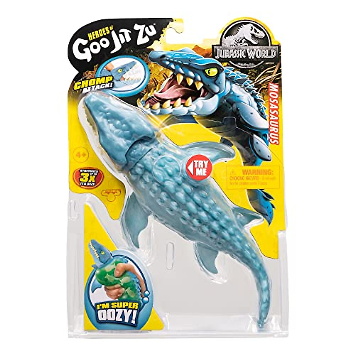 Heroes of Goo Jit Zu Jurassic World Hero Pack, Mosasaurus, 4.5" Long - Stretchy, Squishy Dinosaur Figure with Chomp Attack Action and Unique goo Filling.