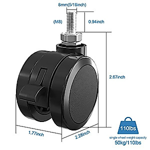 Joy Seeker Stem Caster Wheels Set of 4, 2 Inch Nylon Threaded Swivel Caster with 5/16 Inch Stem, M8 Stem Casters Replacement for Standing Desk, 2 Wheels with Locking Brake, Each Load Capacity 110lbs