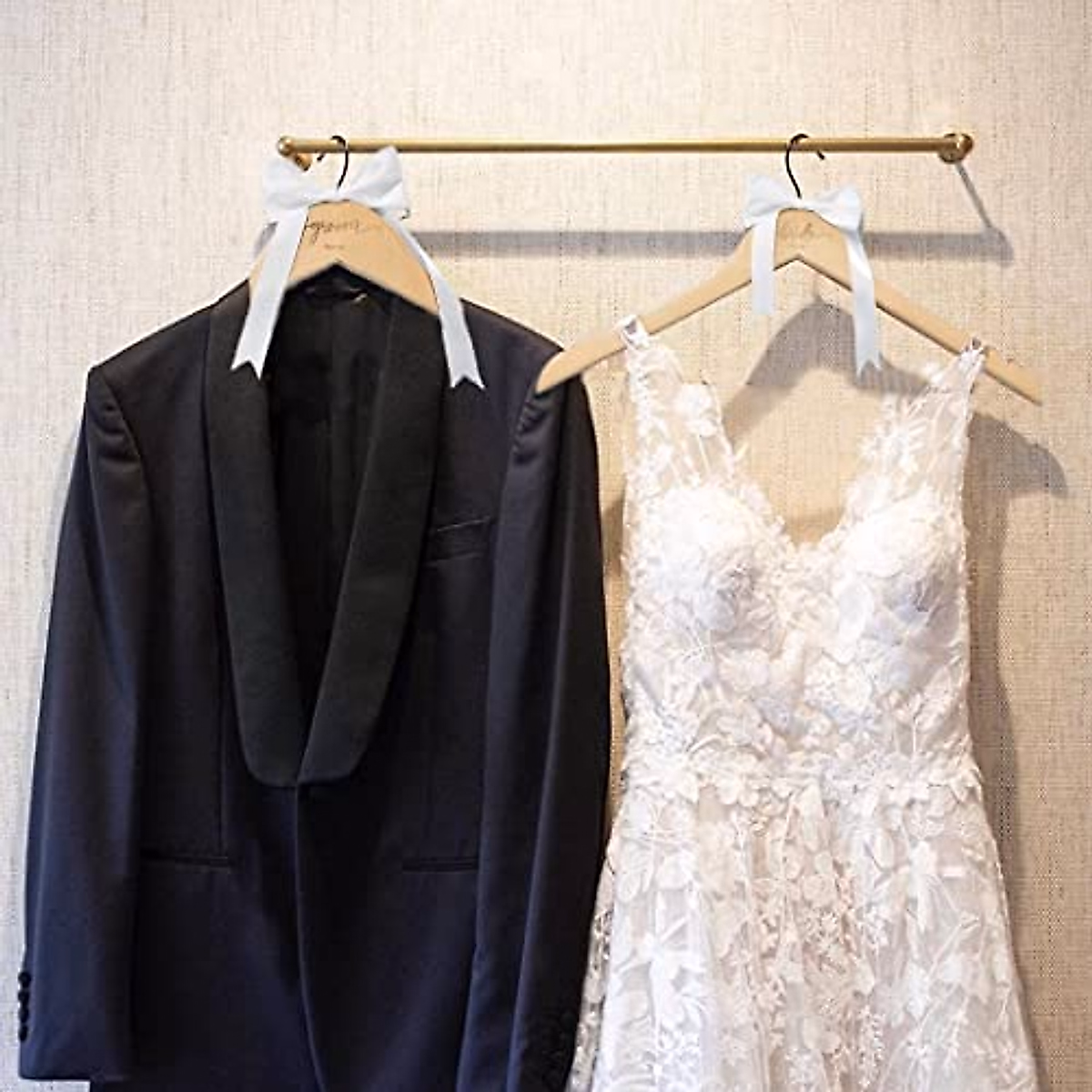 Heread Bow Knot Wedding Hangers Natural Wood Color Bride Dress Hanger Groom Suit Hanger Engraved Wedding Grown Hanger for Women and Men (Bride and Groom (Pack of 2))