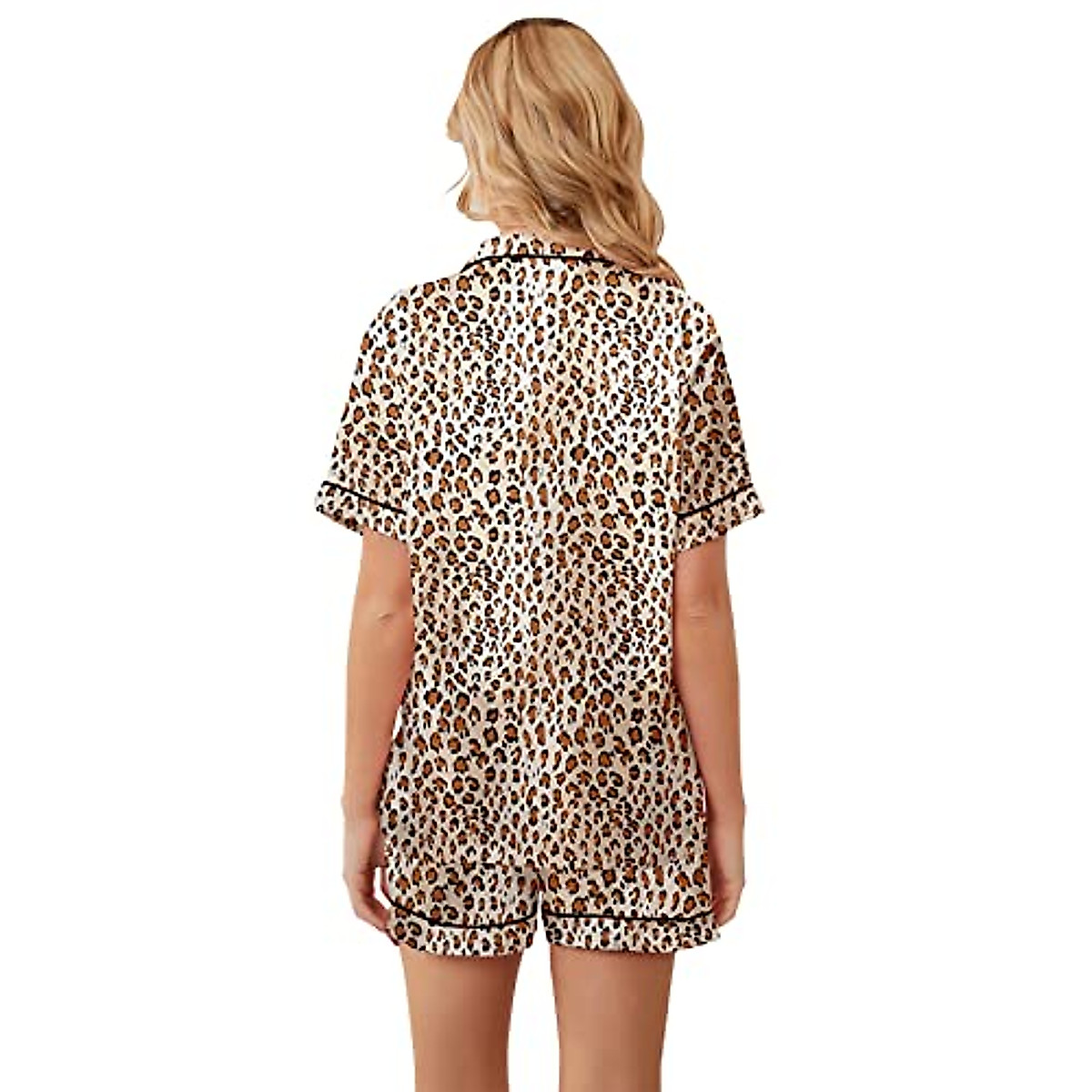 Umeyda Women's Short Sleeve Sleepwear Button Down Silk Satin 2 Piece Pajama Set, Leopard White, Small